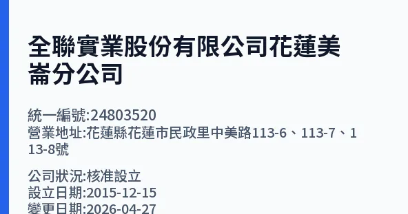 全聯實業股份有限公司花蓮美崙分公司的照片-統編 24803520(花蓮縣) 公司登記資料與營業項目詳細圖表