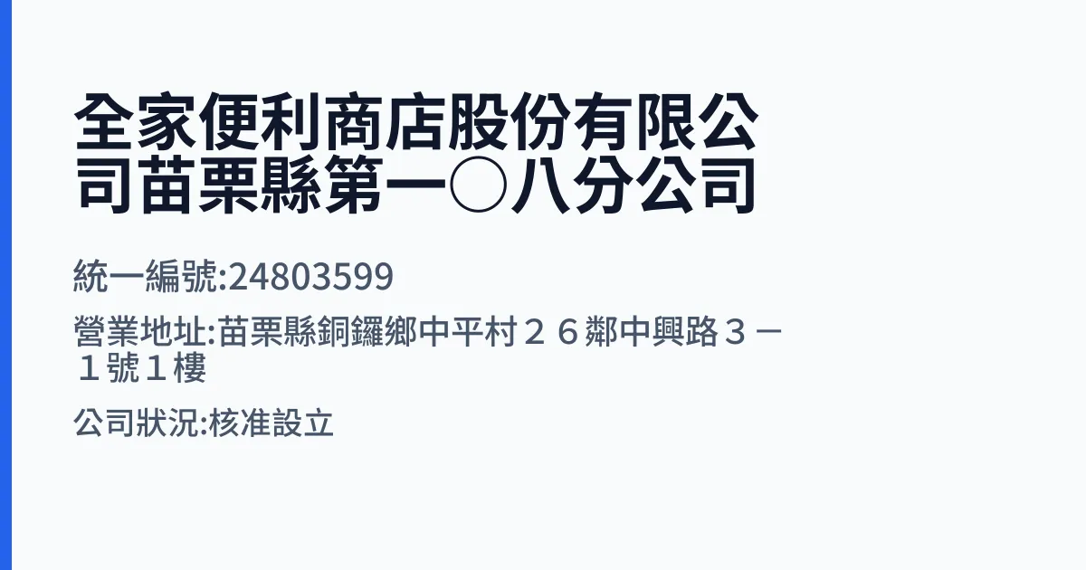 全家便利商店股份有限公司苗栗縣第一○八分公司 - 統編 24803599(苗栗縣) 公司登記資料與營業項目詳細圖表