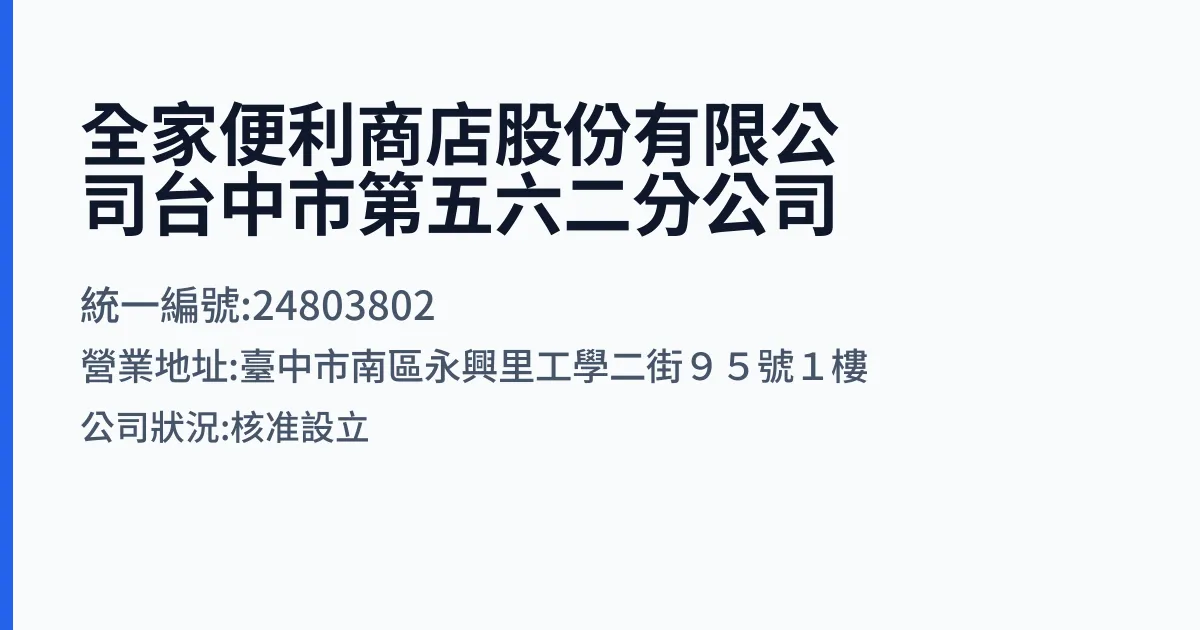 全家便利商店股份有限公司台中市第五六二分公司 - 統編 24803802(臺中市) 公司登記資料與營業項目詳細圖表