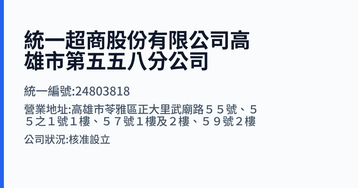 統一超商股份有限公司高雄市第五五八分公司 - 統編 24803818(高雄市) 公司登記資料與營業項目詳細圖表