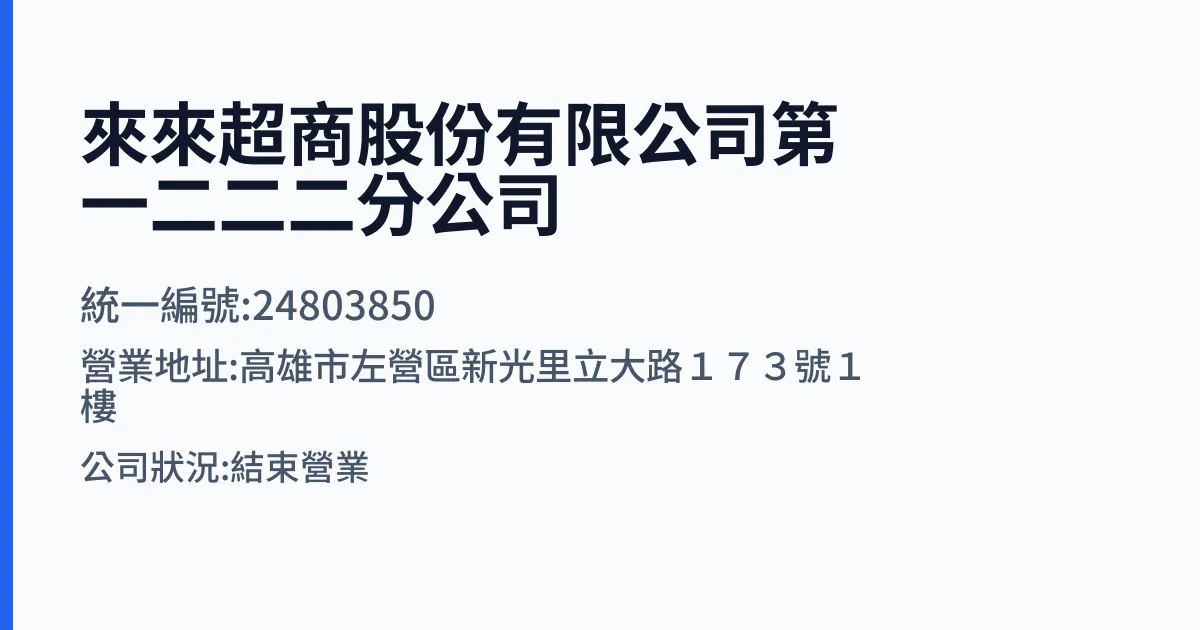 來來超商股份有限公司第一二二二分公司 - 統編 24803850(高雄市) 公司登記資料與營業項目詳細圖表