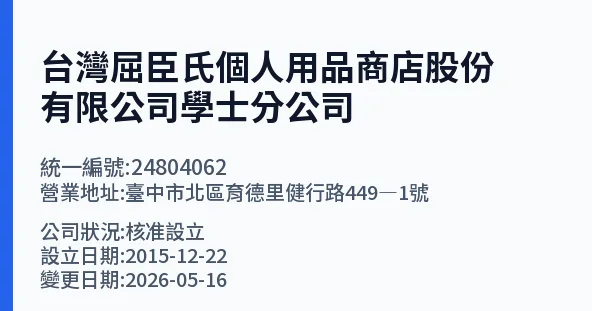 台灣屈臣氏個人用品商店股份有限公司學士分公司的照片-統編 24804062(臺中市) 公司登記資料與營業項目詳細圖表