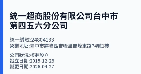 統一超商股份有限公司台中市第四五六分公司的照片-統編 24804133(臺中市) 公司登記資料與營業項目詳細圖表