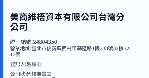 美商維梧資本有限公司台灣分公司的照片-統編 24804350(臺北市) 公司登記資料與營業項目詳細圖表