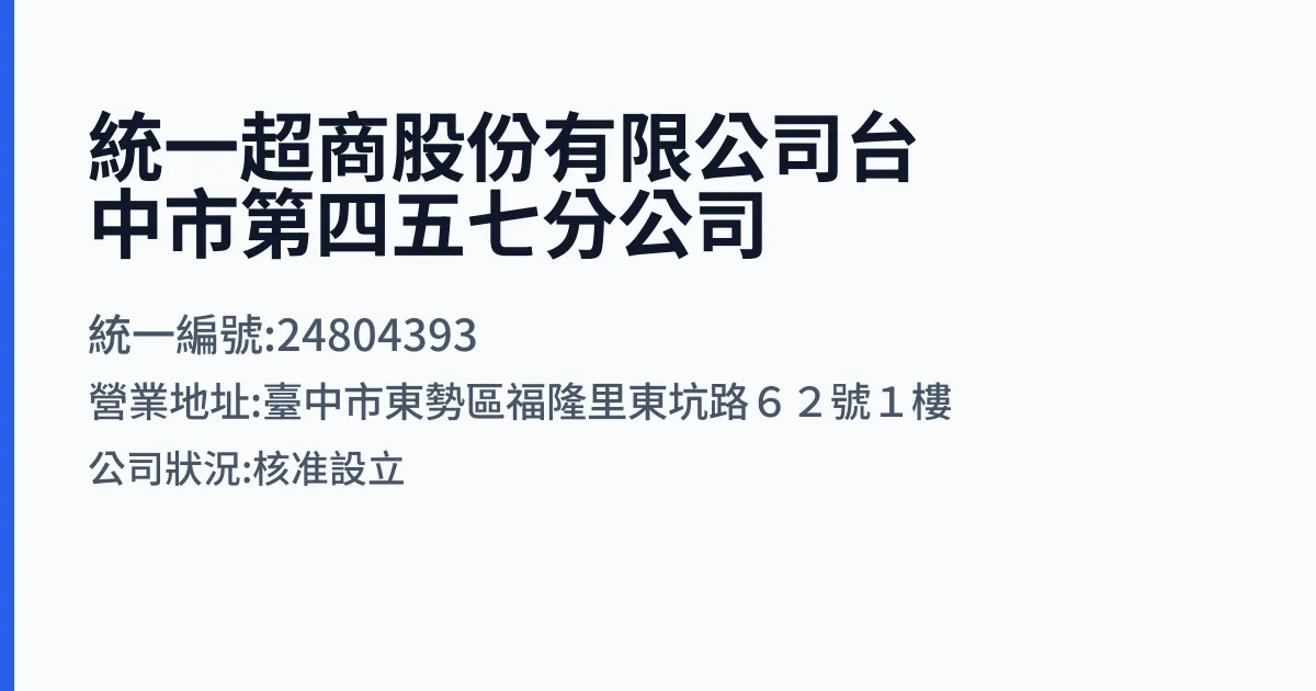 統一超商股份有限公司台中市第四五七分公司 - 統編 24804393(臺中市) 公司登記資料與營業項目詳細圖表