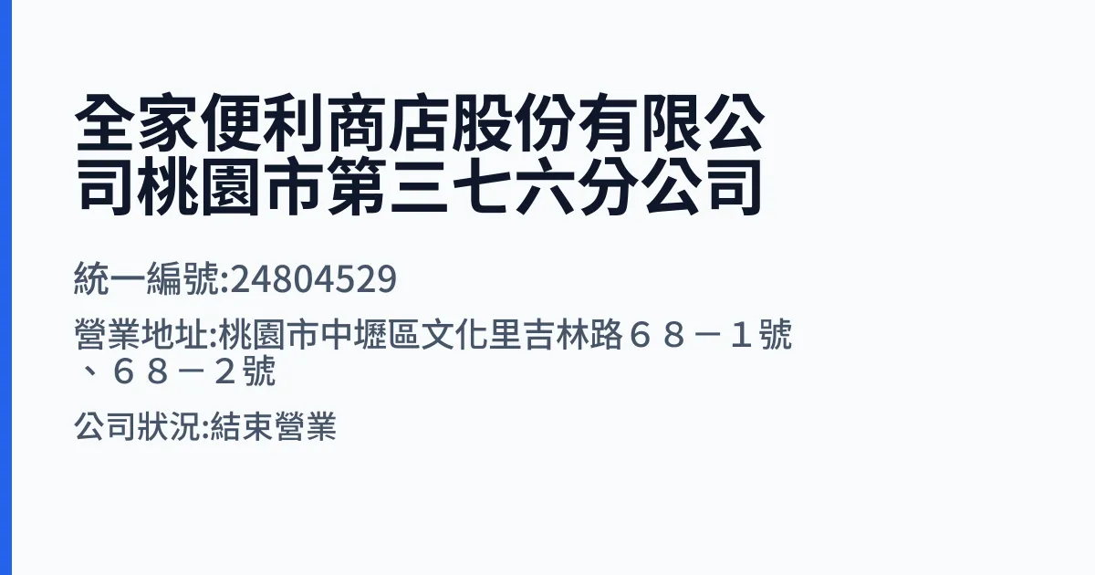 全家便利商店股份有限公司桃園市第三七六分公司 - 統編 24804529(桃園市) 公司登記資料與營業項目詳細圖表