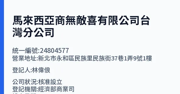 馬來西亞商無敵喜有限公司台灣分公司的照片-統編 24804577(新北市) 公司登記資料與營業項目詳細圖表