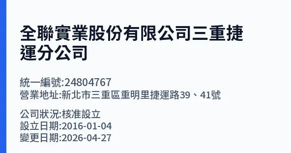 全聯實業股份有限公司三重捷運分公司的照片-統編 24804767(新北市) 公司登記資料與營業項目詳細圖表