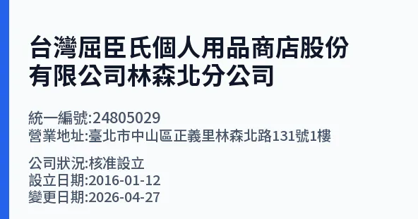 台灣屈臣氏個人用品商店股份有限公司林森北分公司的照片-統編 24805029(臺北市) 公司登記資料與營業項目詳細圖表