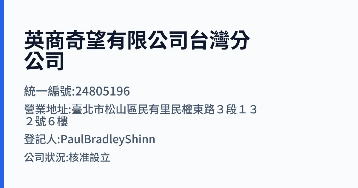 英商奇望有限公司台灣分公司 - 統編 24805196(臺北市) 公司登記資料與營業項目詳細圖表
