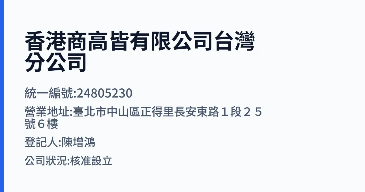 香港商高皆有限公司台灣分公司 - 統編 24805230(臺北市) 公司登記資料與營業項目詳細圖表
