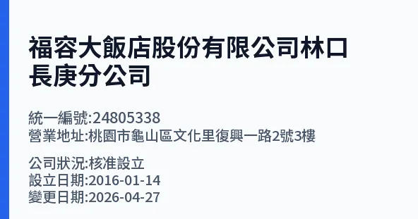 福容大飯店股份有限公司林口長庚分公司的照片-統編 24805338(桃園市) 公司登記資料與營業項目詳細圖表
