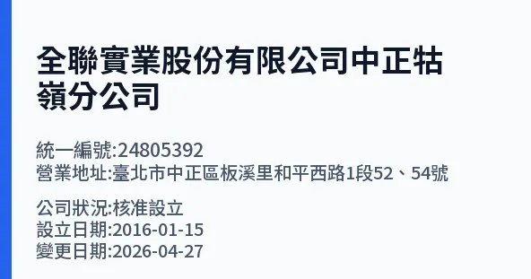 全聯實業股份有限公司中正牯嶺分公司的照片-統編 24805392(臺北市) 公司登記資料與營業項目詳細圖表