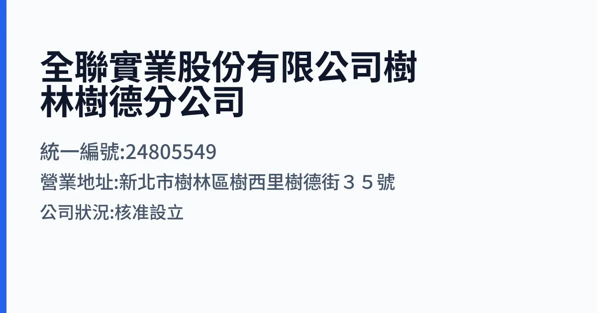 全聯實業股份有限公司樹林樹德分公司 - 統編 24805549(新北市) 公司登記資料與營業項目詳細圖表