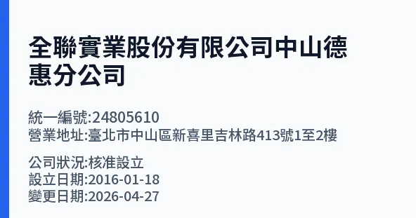 全聯實業股份有限公司中山德惠分公司的照片-統編 24805610(臺北市) 公司登記資料與營業項目詳細圖表