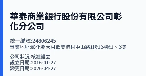 華泰商業銀行股份有限公司彰化分公司的照片-統編 24806245(彰化縣) 公司登記資料與營業項目詳細圖表