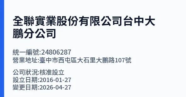 全聯實業股份有限公司台中大鵬分公司的照片-統編 24806287(臺中市) 公司登記資料與營業項目詳細圖表
