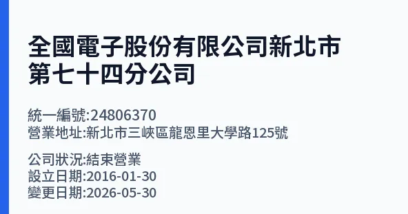全國電子股份有限公司新北市第七十四分公司的照片-統編 24806370(新北市) 公司登記資料與營業項目詳細圖表
