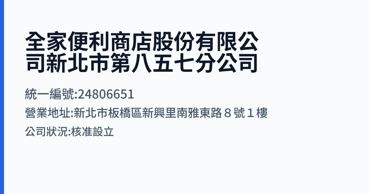 全家便利商店股份有限公司新北市第八五七分公司 - 統編 24806651(新北市) 公司登記資料與營業項目詳細圖表