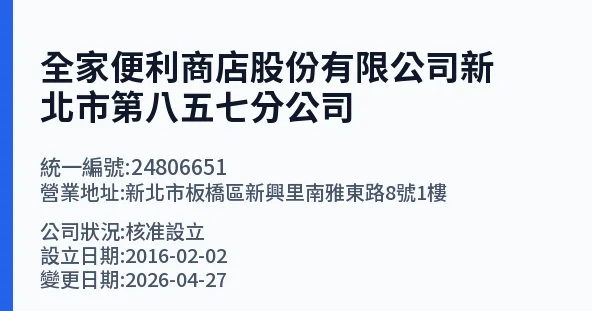 全家便利商店股份有限公司新北市第八五七分公司的照片-統編 24806651(新北市) 公司登記資料與營業項目詳細圖表