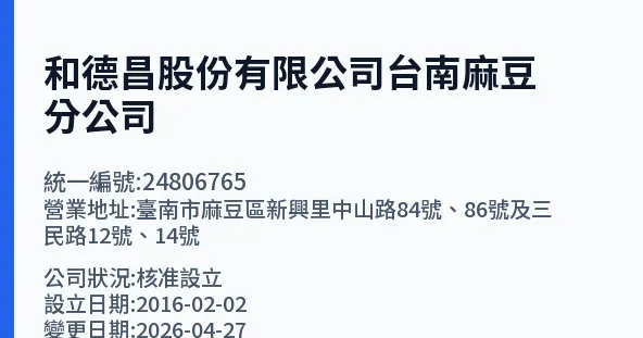 和德昌股份有限公司台南麻豆分公司的照片-統編 24806765(臺南市) 公司登記資料與營業項目詳細圖表