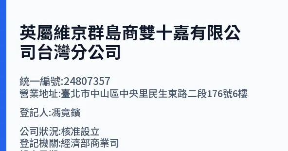 英屬維京群島商雙十嘉有限公司台灣分公司的照片-統編 24807357(臺北市) 公司登記資料與營業項目詳細圖表