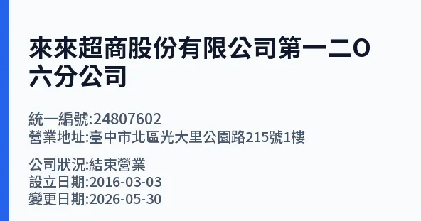 來來超商股份有限公司第一二O六分公司的照片-統編 24807602(臺中市) 公司登記資料與營業項目詳細圖表