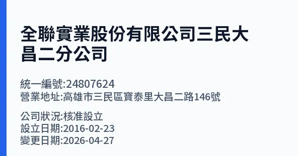全聯實業股份有限公司三民大昌二分公司的照片-統編 24807624(高雄市) 公司登記資料與營業項目詳細圖表