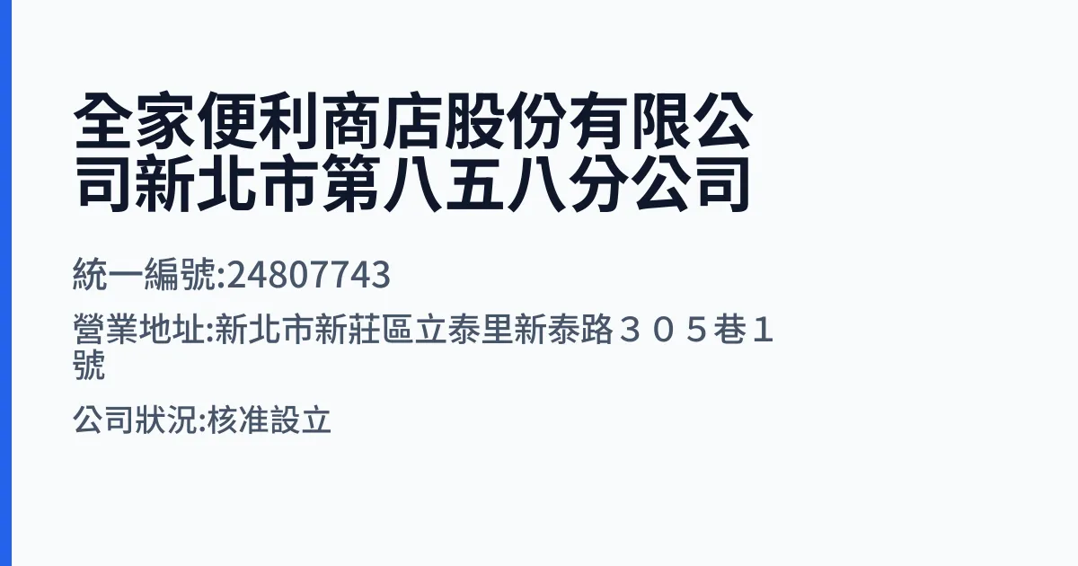 全家便利商店股份有限公司新北市第八五八分公司 - 統編 24807743(新北市) 公司登記資料與營業項目詳細圖表