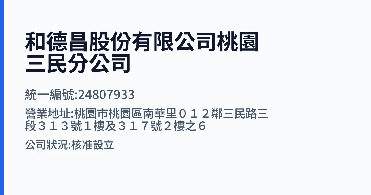 和德昌股份有限公司桃園三民分公司 - 統編 24807933(桃園市) 公司登記資料與營業項目詳細圖表