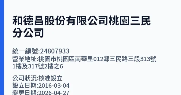 和德昌股份有限公司桃園三民分公司的照片-統編 24807933(桃園市) 公司登記資料與營業項目詳細圖表