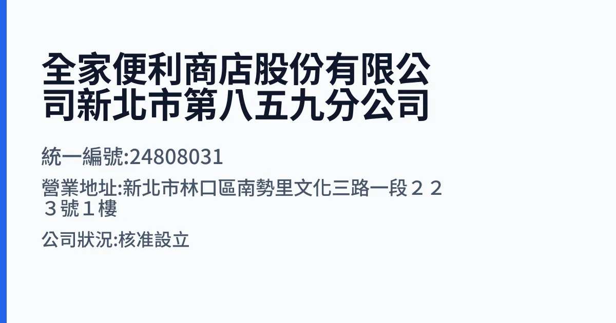 全家便利商店股份有限公司新北市第八五九分公司 - 統編 24808031(新北市) 公司登記資料與營業項目詳細圖表