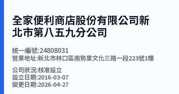 全家便利商店股份有限公司新北市第八五九分公司的照片-統編 24808031(新北市) 公司登記資料與營業項目詳細圖表