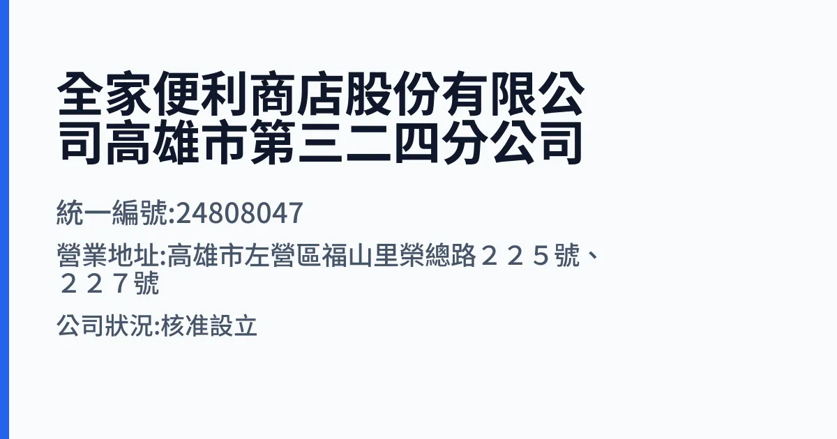 全家便利商店股份有限公司高雄市第三二四分公司 - 統編 24808047(高雄市) 公司登記資料與營業項目詳細圖表