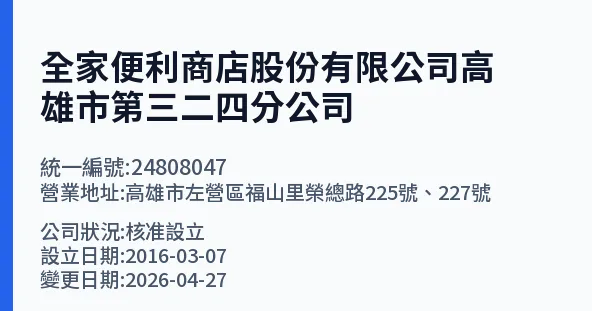 全家便利商店股份有限公司高雄市第三二四分公司的照片-統編 24808047(高雄市) 公司登記資料與營業項目詳細圖表