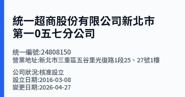 統一超商股份有限公司新北市第一0五七分公司的照片-統編 24808150(新北市) 公司登記資料與營業項目詳細圖表