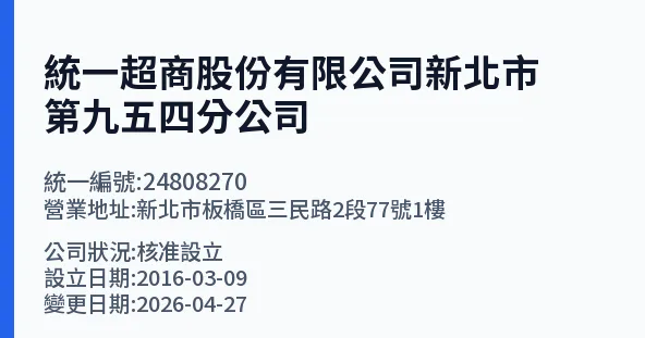 統一超商股份有限公司新北市第九五四分公司的照片-統編 24808270(新北市) 公司登記資料與營業項目詳細圖表