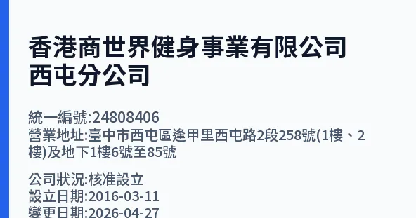 香港商世界健身事業有限公司西屯分公司的照片-統編 24808406(臺中市) 公司登記資料與營業項目詳細圖表