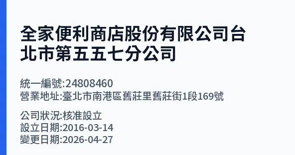 全家便利商店股份有限公司台北市第五五七分公司的照片-統編 24808460(臺北市) 公司登記資料與營業項目詳細圖表