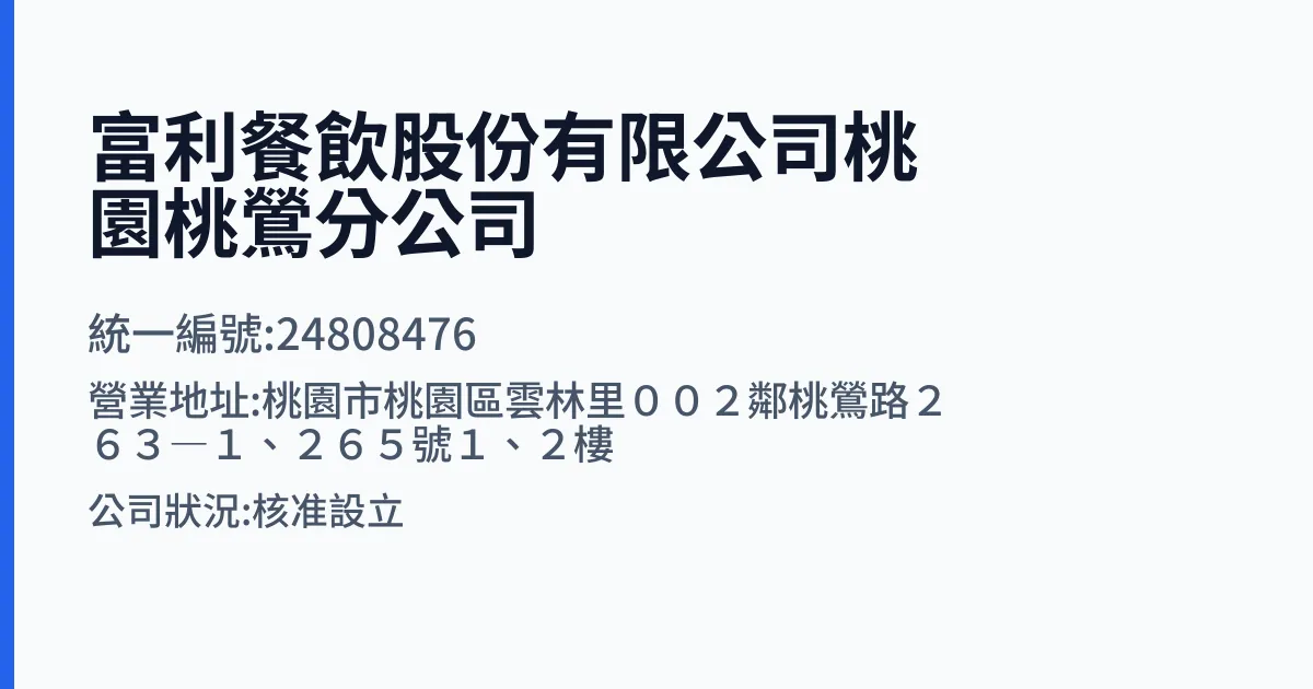 富利餐飲股份有限公司桃園桃鶯分公司 - 統編 24808476(桃園市) 公司登記資料與營業項目詳細圖表
