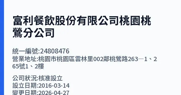 富利餐飲股份有限公司桃園桃鶯分公司的照片-統編 24808476(桃園市) 公司登記資料與營業項目詳細圖表