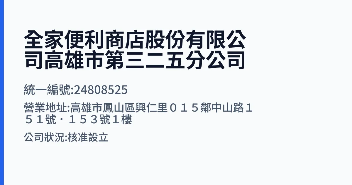 全家便利商店股份有限公司高雄市第三二五分公司 - 統編 24808525(高雄市) 公司登記資料與營業項目詳細圖表