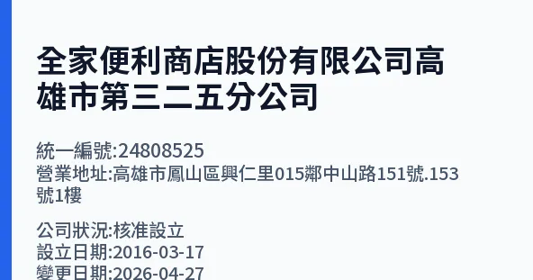 全家便利商店股份有限公司高雄市第三二五分公司的照片-統編 24808525(高雄市) 公司登記資料與營業項目詳細圖表