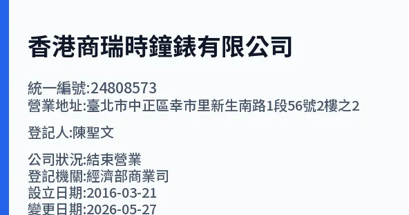 香港商瑞時鐘錶有限公司的照片-統編 24808573(臺北市) 公司登記資料與營業項目詳細圖表
