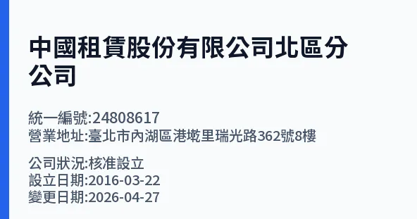 中國租賃股份有限公司北區分公司的照片-統編 24808617(臺北市) 公司登記資料與營業項目詳細圖表