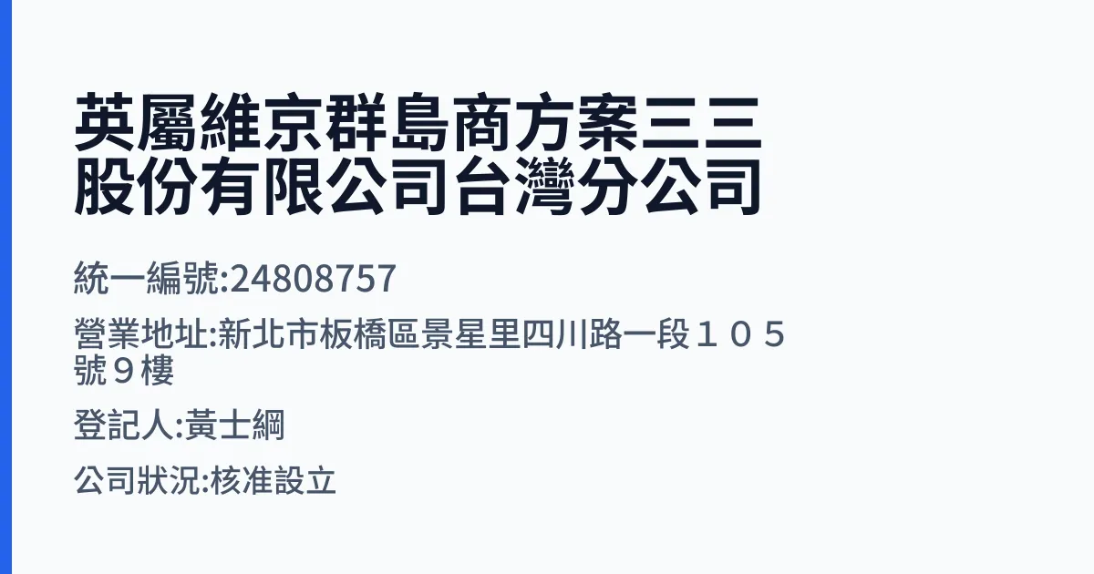 英屬維京群島商方案三三股份有限公司台灣分公司 - 統編 24808757(新北市) 公司登記資料與營業項目詳細圖表