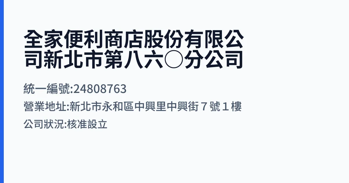 全家便利商店股份有限公司新北市第八六○分公司 - 統編 24808763(新北市) 公司登記資料與營業項目詳細圖表