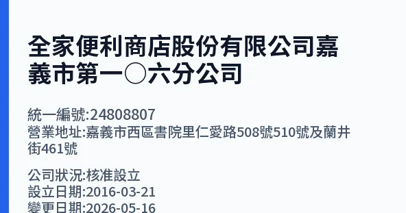 全家便利商店股份有限公司嘉義市第一○六分公司的照片-統編 24808807(嘉義市) 公司登記資料與營業項目詳細圖表