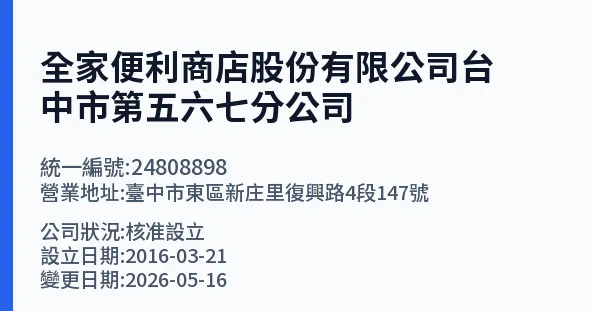 全家便利商店股份有限公司台中市第五六七分公司的照片-統編 24808898(臺中市) 公司登記資料與營業項目詳細圖表