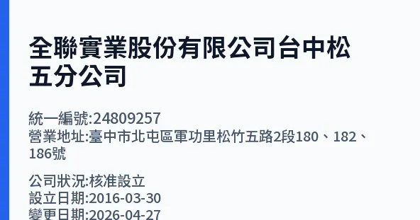 全聯實業股份有限公司台中松五分公司的照片-統編 24809257(臺中市) 公司登記資料與營業項目詳細圖表